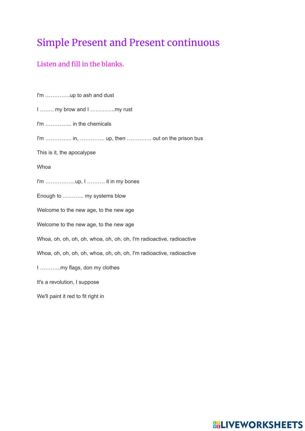 Simple present and present continous worksheet | Live Worksheets