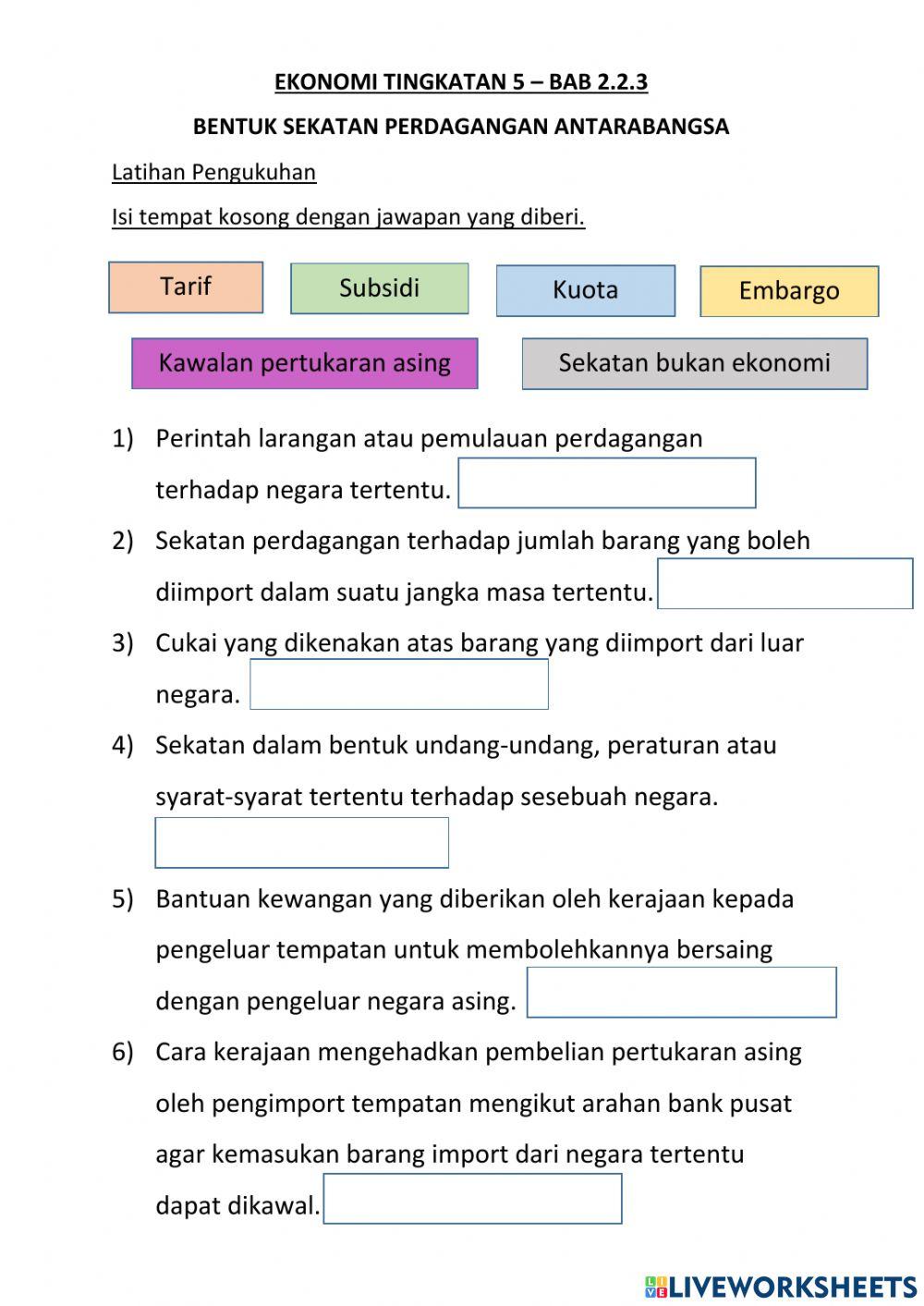 Bentuk sekatan perdagangan antarabangsa worksheet | Live Worksheets