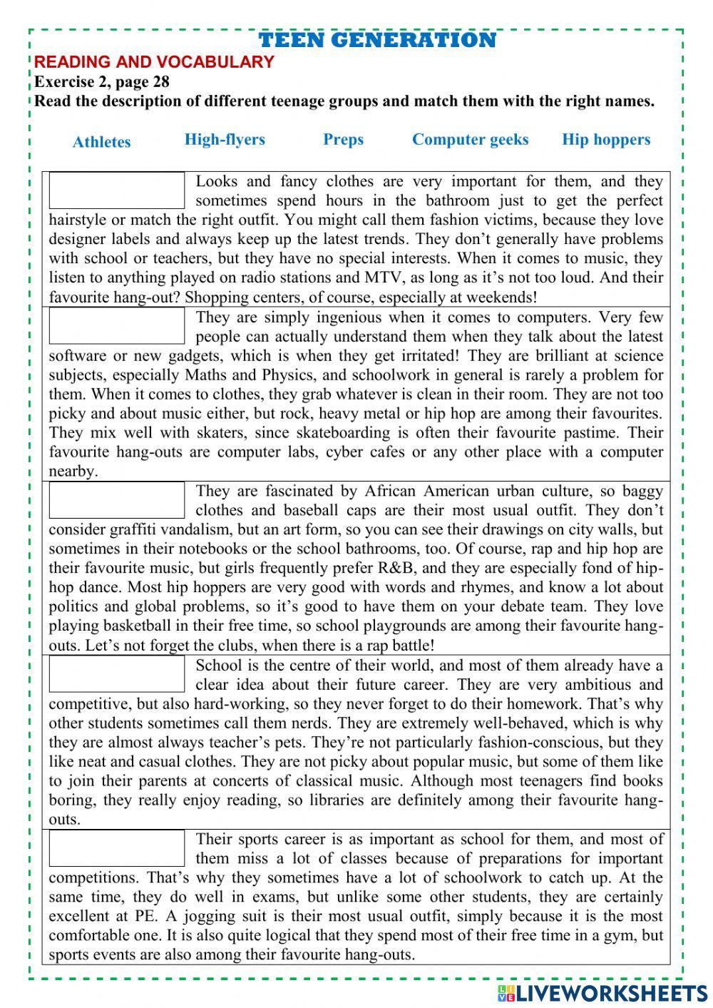 Teen Generation | Free Interactive Worksheets | 1202847