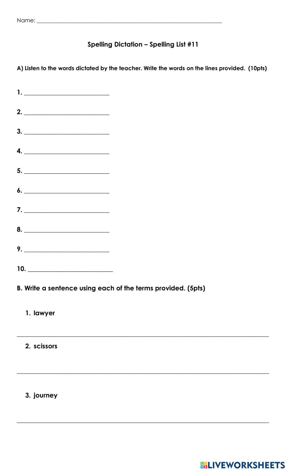 Spelling Dictation -11 -Lucía worksheet | Live Worksheets