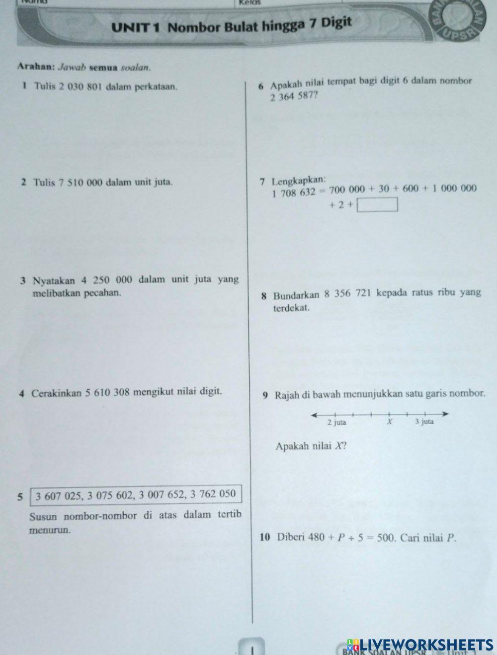 Nombor bulat hingga tujuh digit 1 worksheet | Live Worksheets