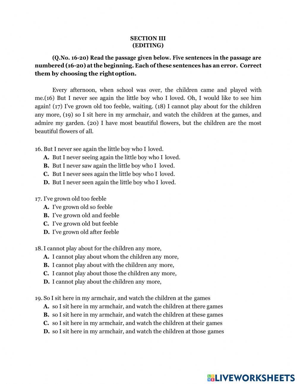 Viii class worksheet 18 exercise | Live Worksheets