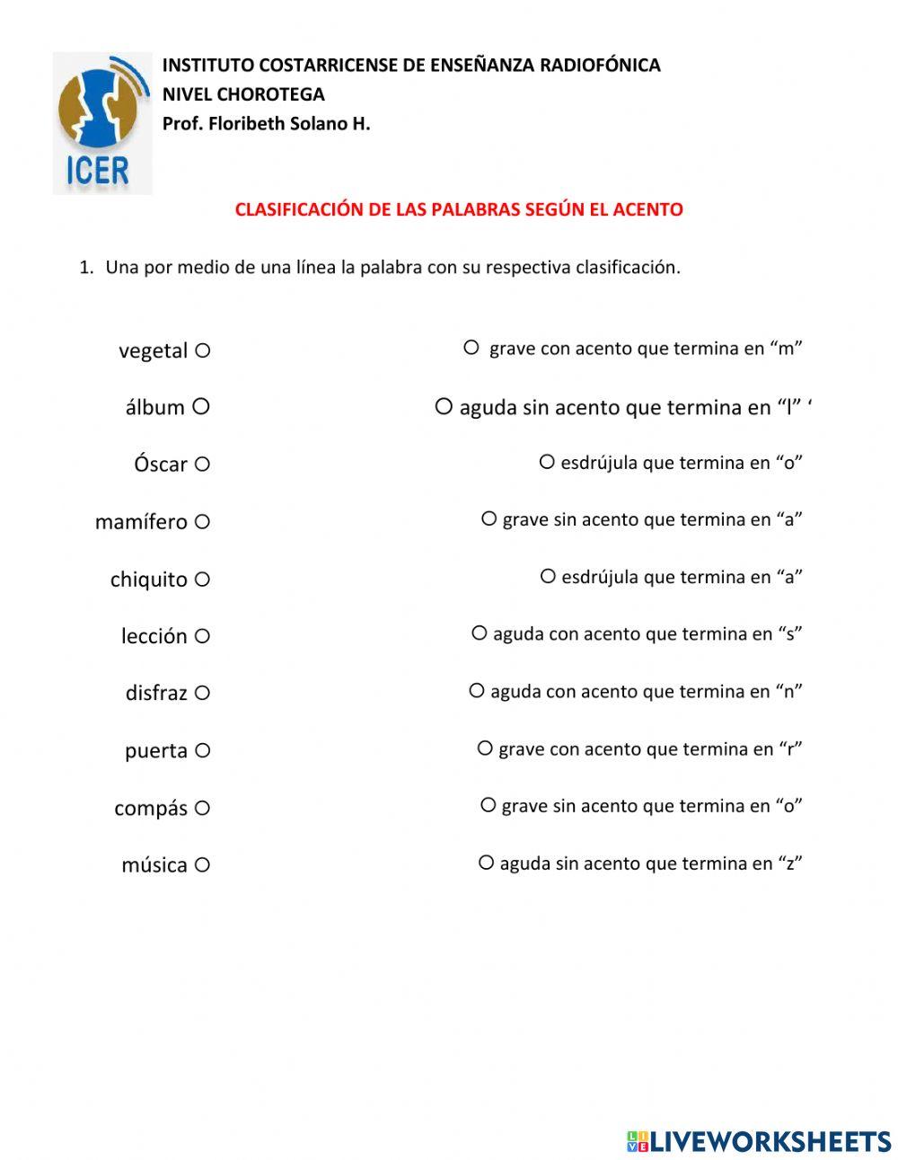 El acento y su clasificación worksheet | Live Worksheets