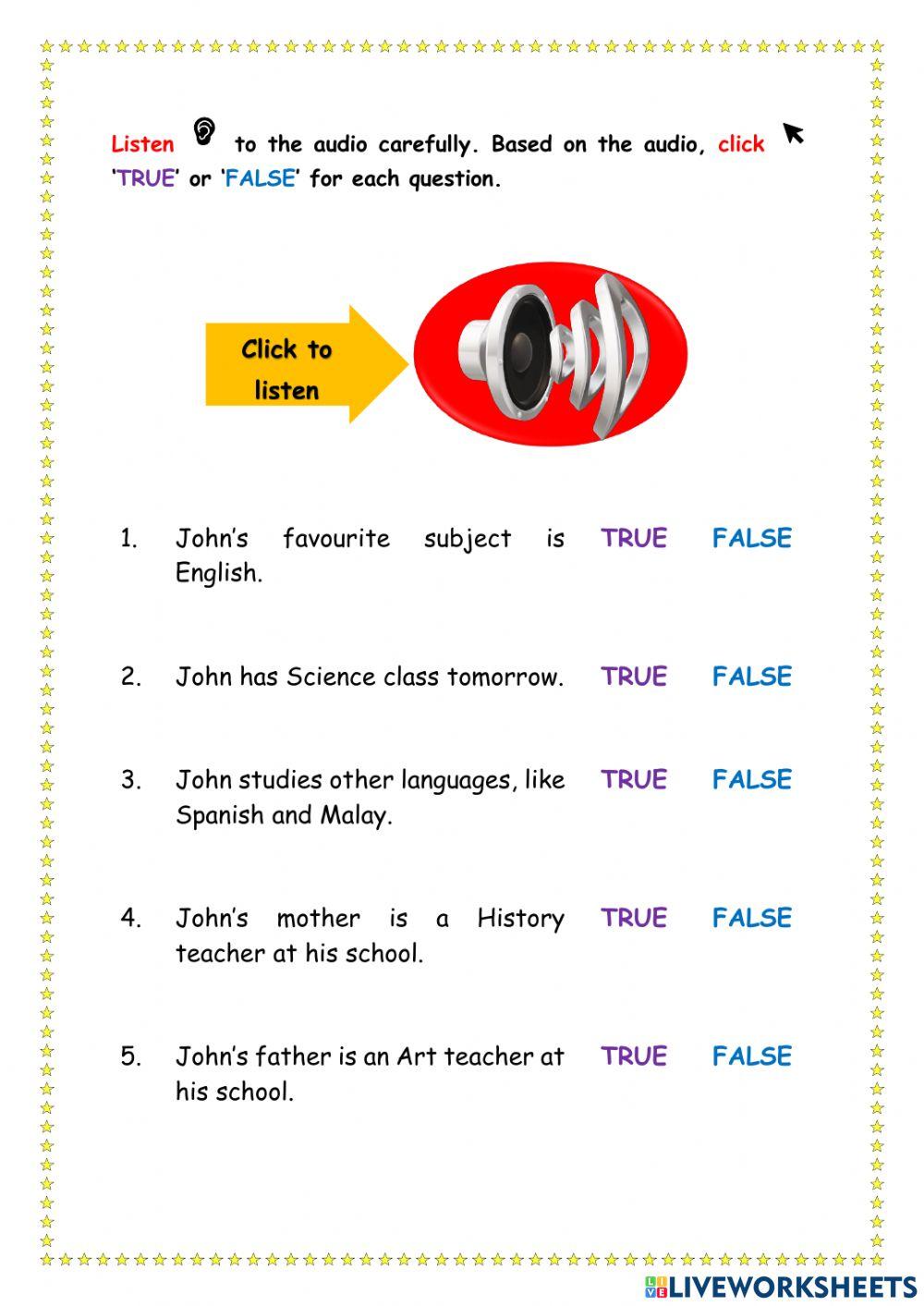 School Subjects Listening Worksheet online exercise for | Live Worksheets