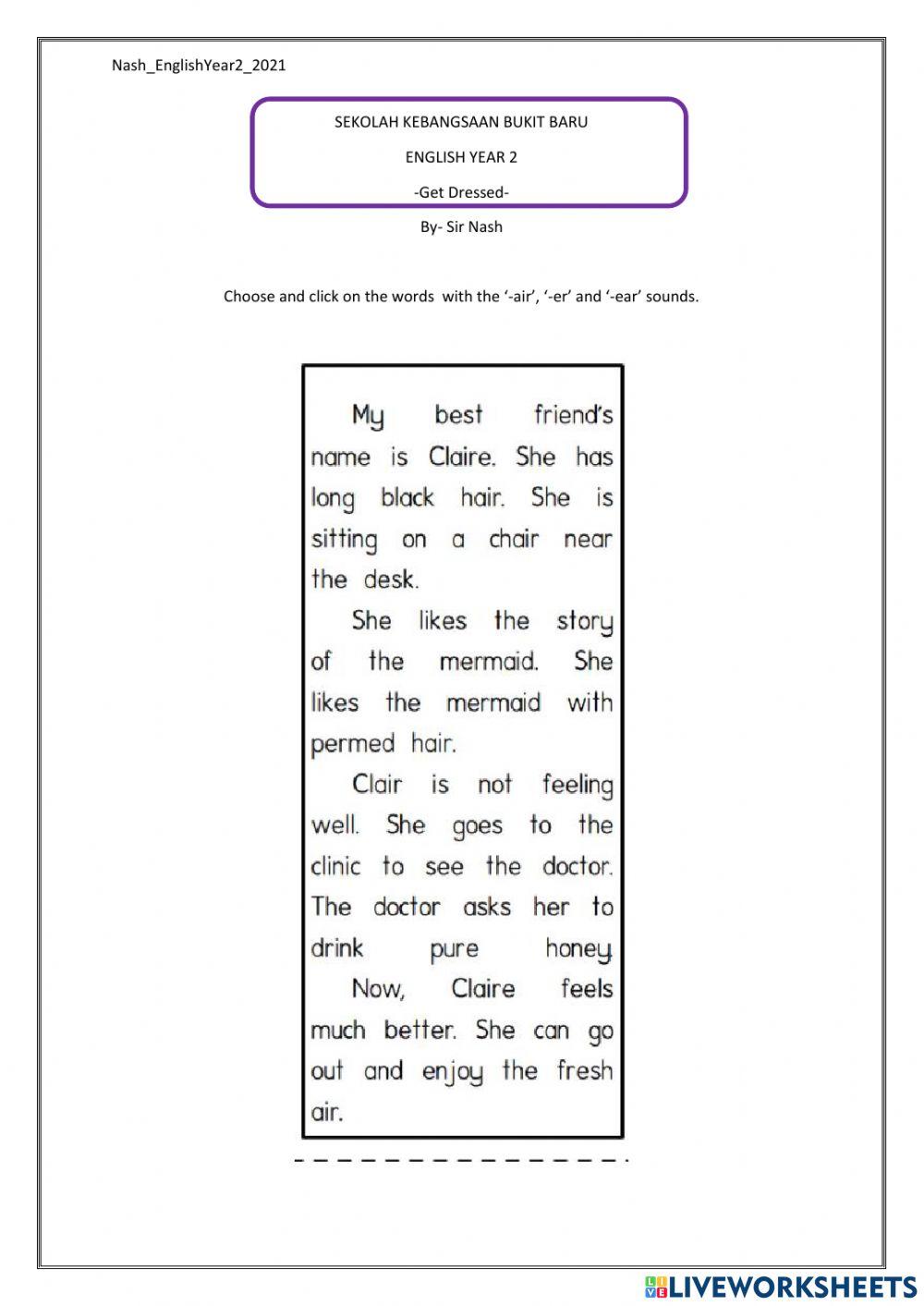 Reading comprehension online exercise for 2 | Live Worksheets