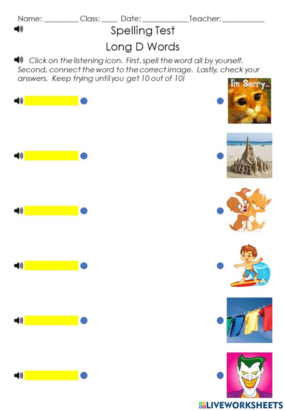 Spelling Test for Long D words. Words admit, and, damp, madman, sand ...