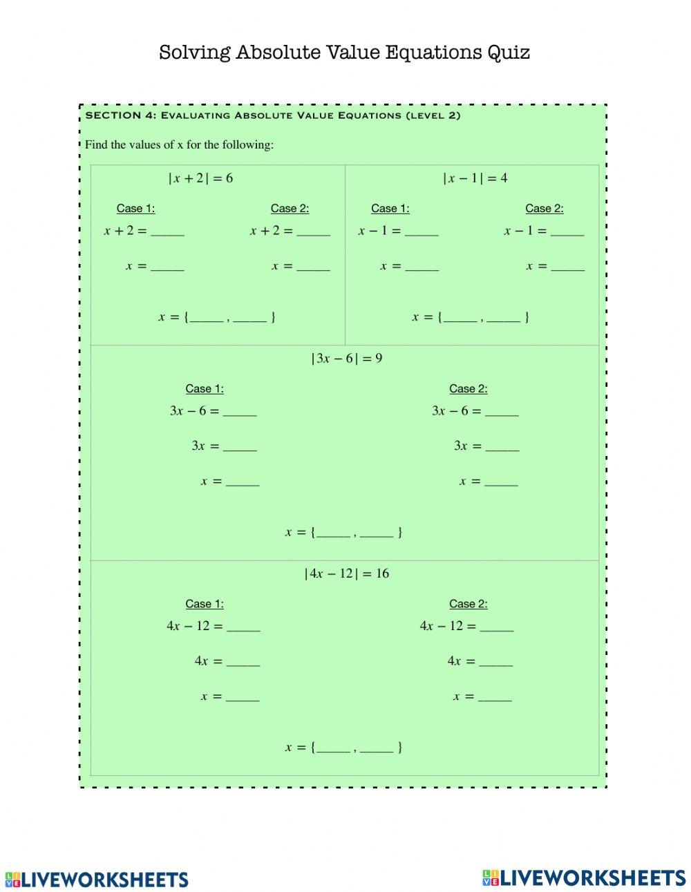 Exercise 1 - Equation in absolute value online exercise for | Live ... Exercise 1 - Equation in absolute value online exercise for | Live ...