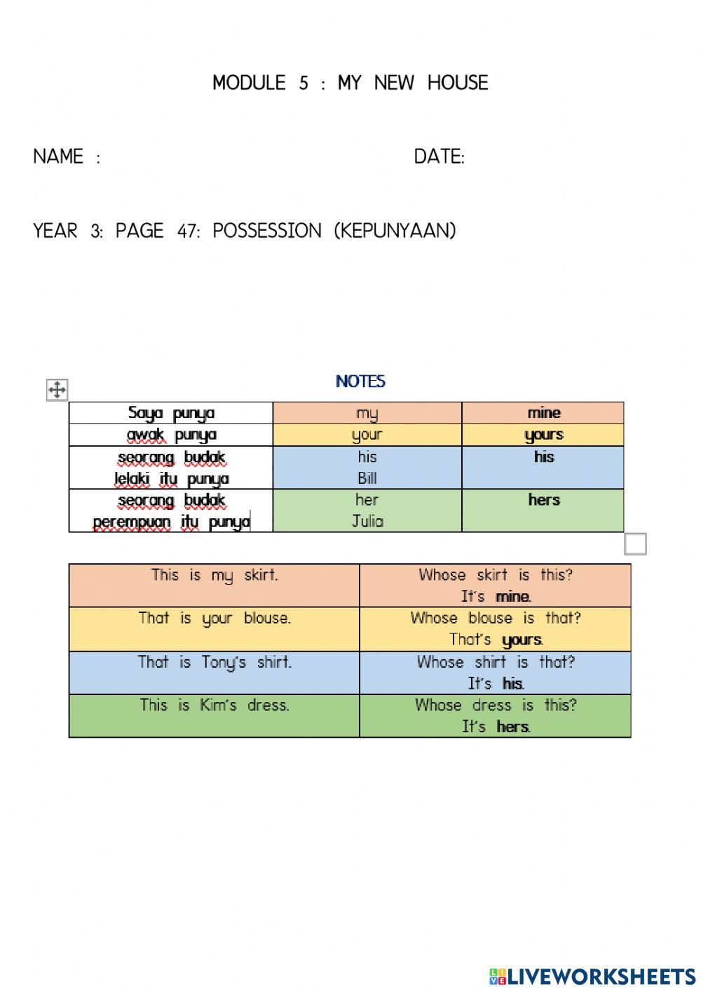 Yer 3 module 5 worksheet | Live Worksheets