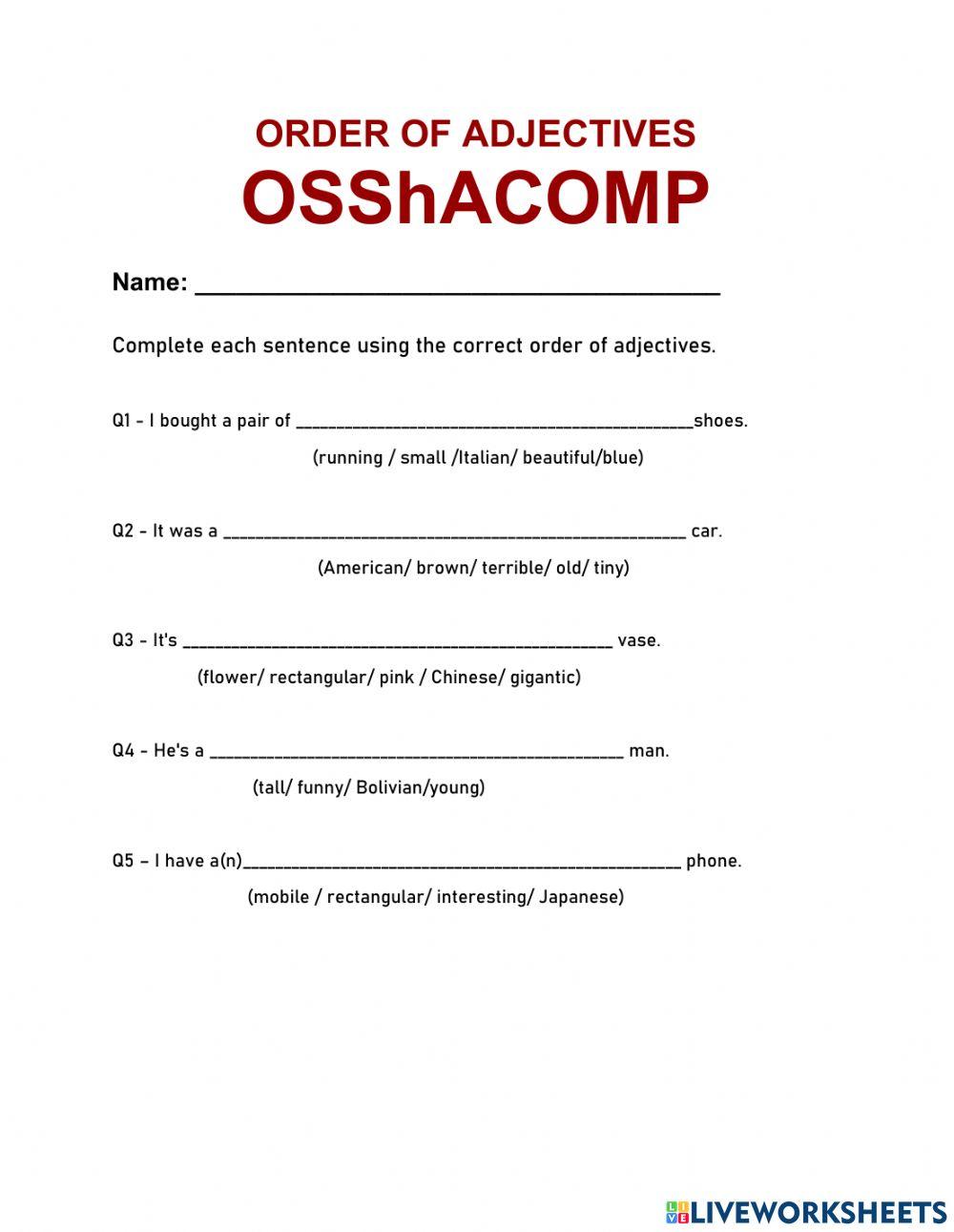 Order of Adjectives online exercise for 8th Grade | Live Worksheets