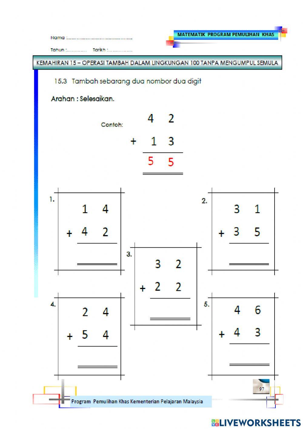 Operasi Tambah online exercise for Pemulihan Khas | Live Worksheets