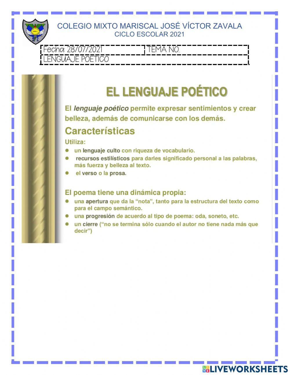 Lenguaje poetico worksheet | Live Worksheets