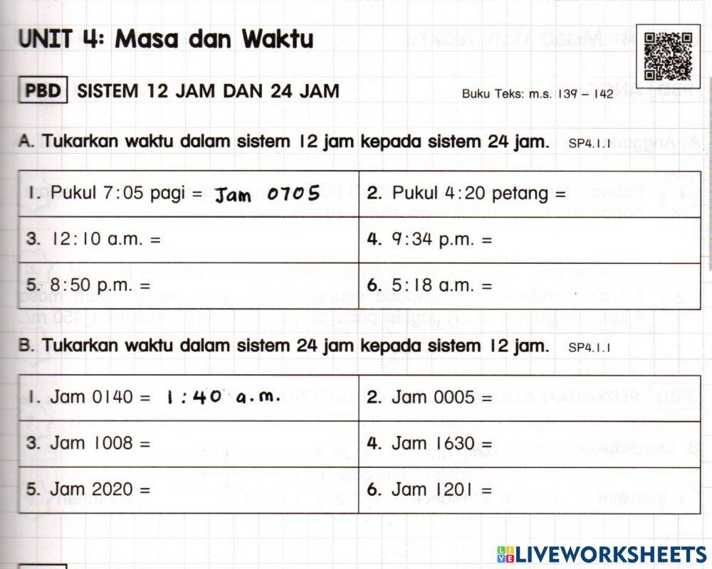 Sistem 12 jam dan sistem 24 jam exercise | Live Worksheets