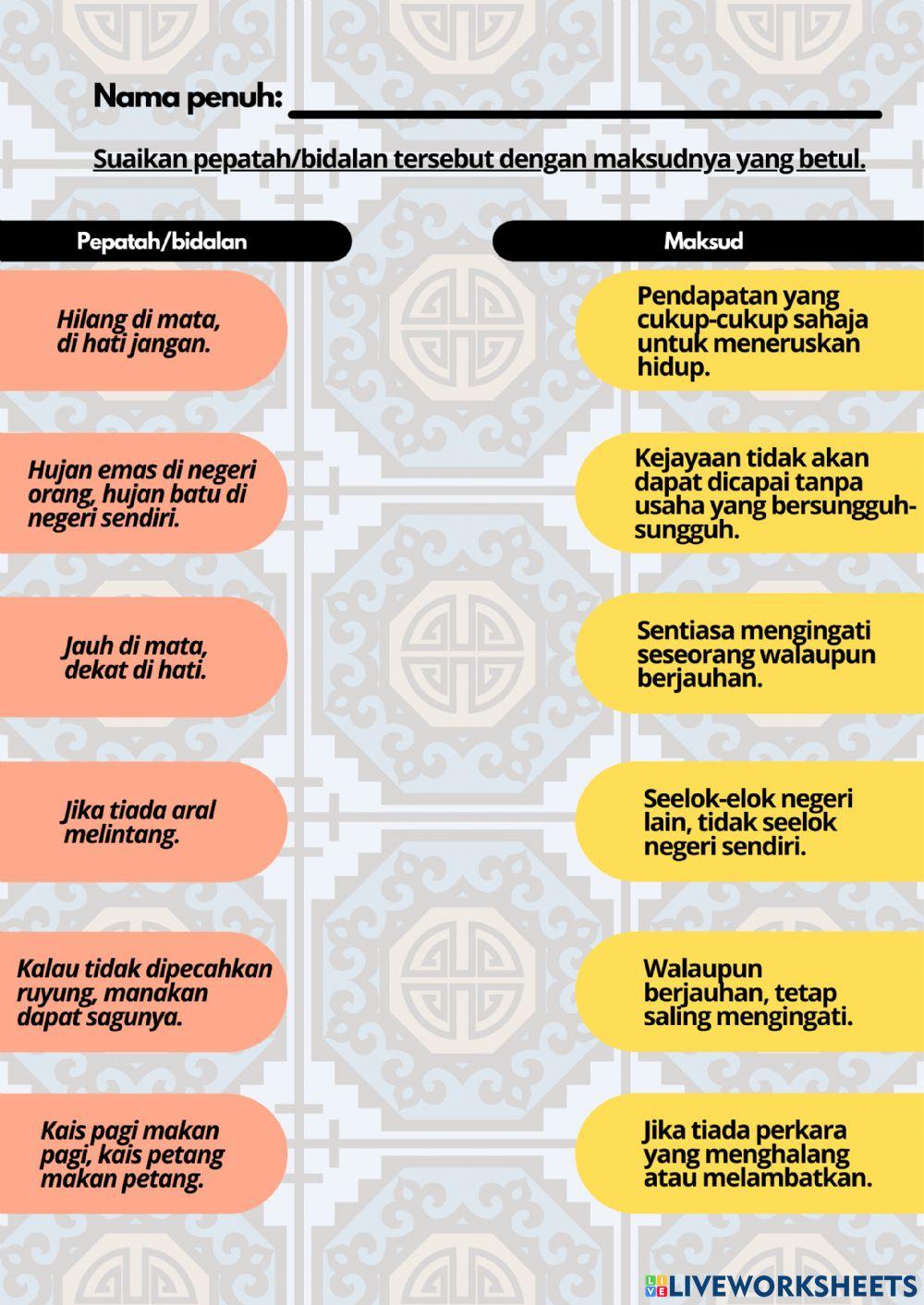Latihan pepatah-bidalan. worksheet | Live Worksheets