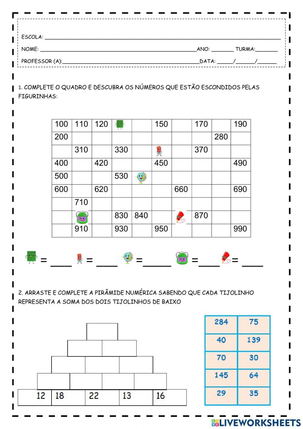 Atividade de matemática: números worksheet | Live Worksheets