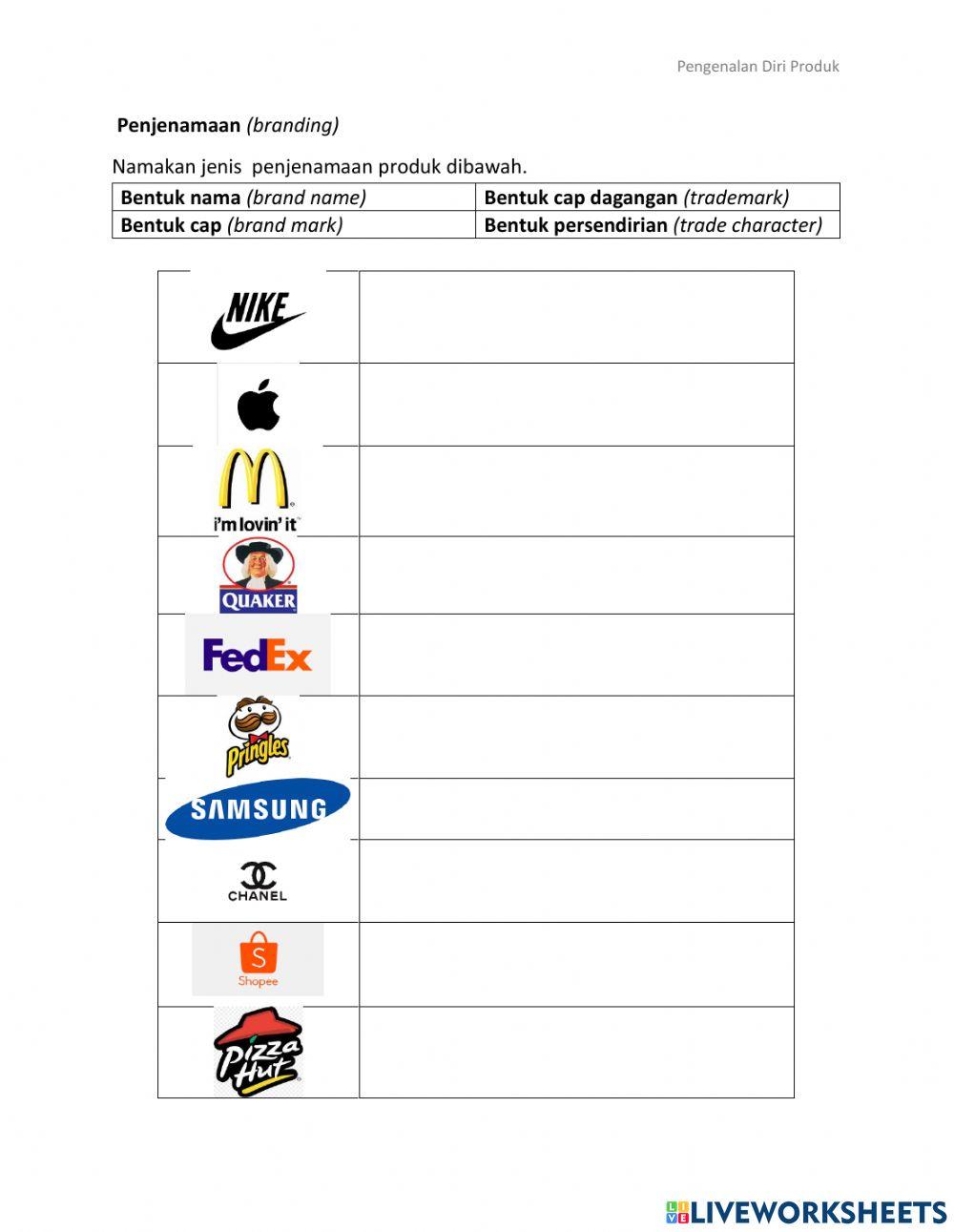 Penjenamaan (branding) worksheet | Live Worksheets