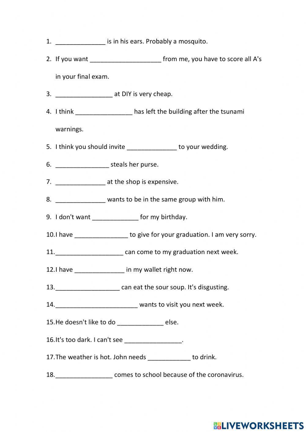 Indefinite Pronoun exercise | Live Worksheets
