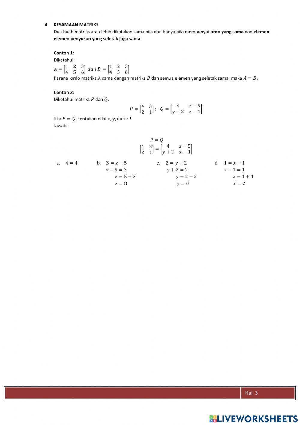 Matriks Matematika activity | Live Worksheets