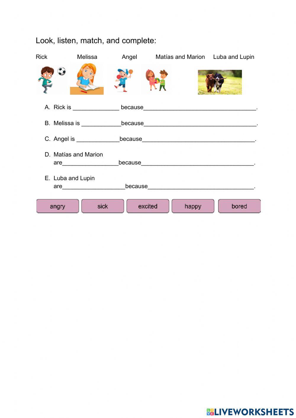 Feelings and reasons worksheet | Live Worksheets