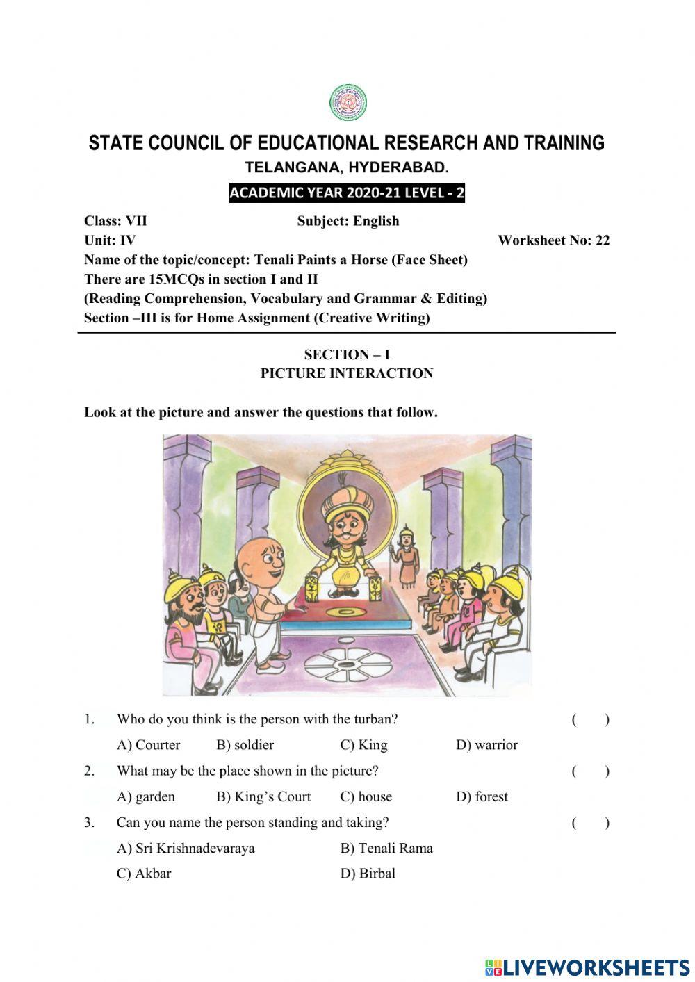 Tenali Paints A Horse WS1 worksheet | Live Worksheets