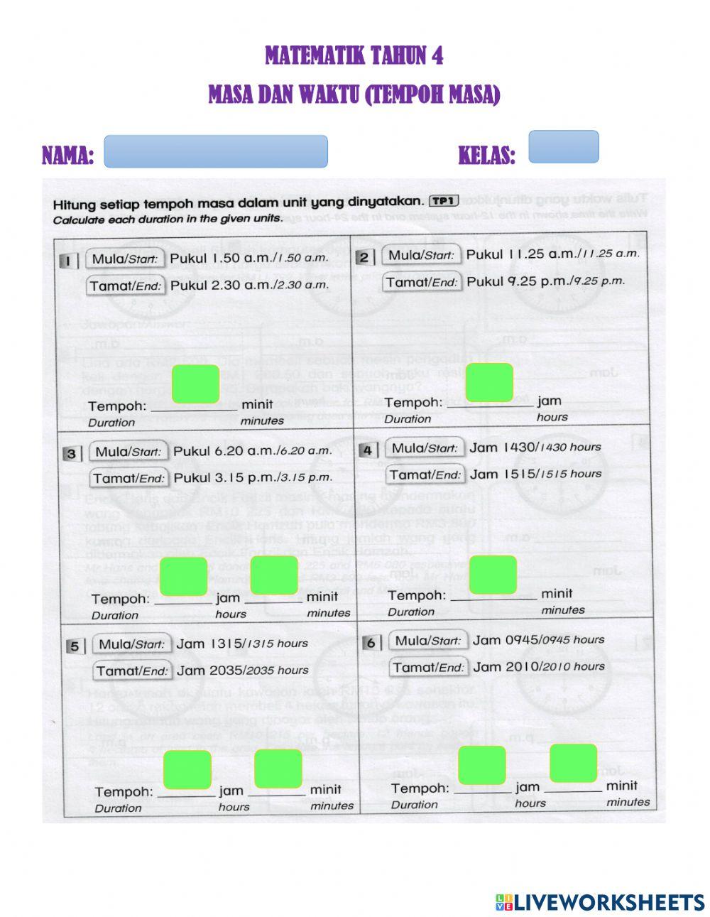 Masa dan waktu online exercise for TAHUN 4 | Live Worksheets