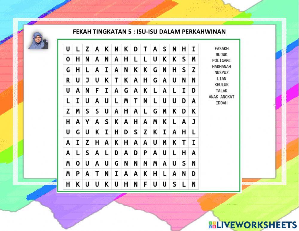 Fekah T5 - Wordsearch - Isu Dalam Perkahwinan worksheet | Live Worksheets