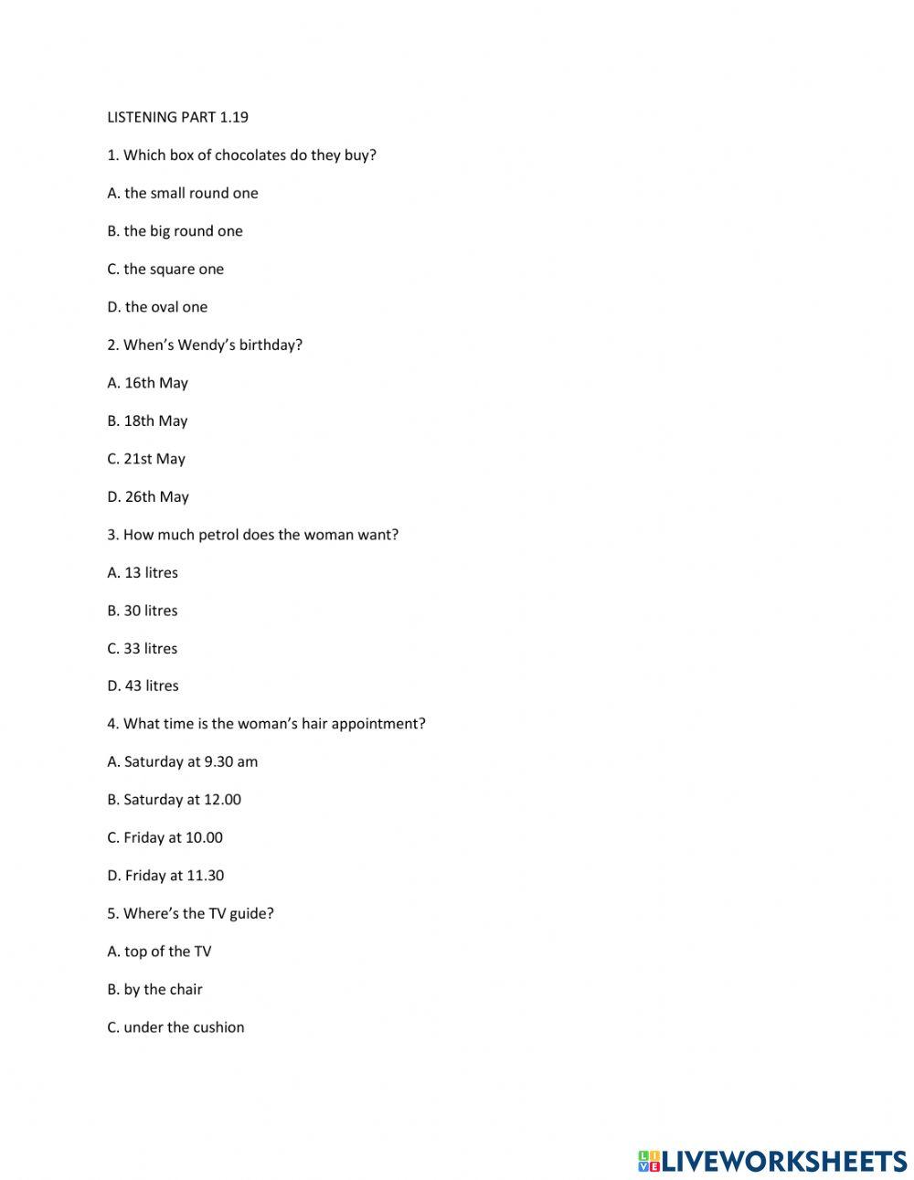 Listening 1.19 worksheet | Live Worksheets