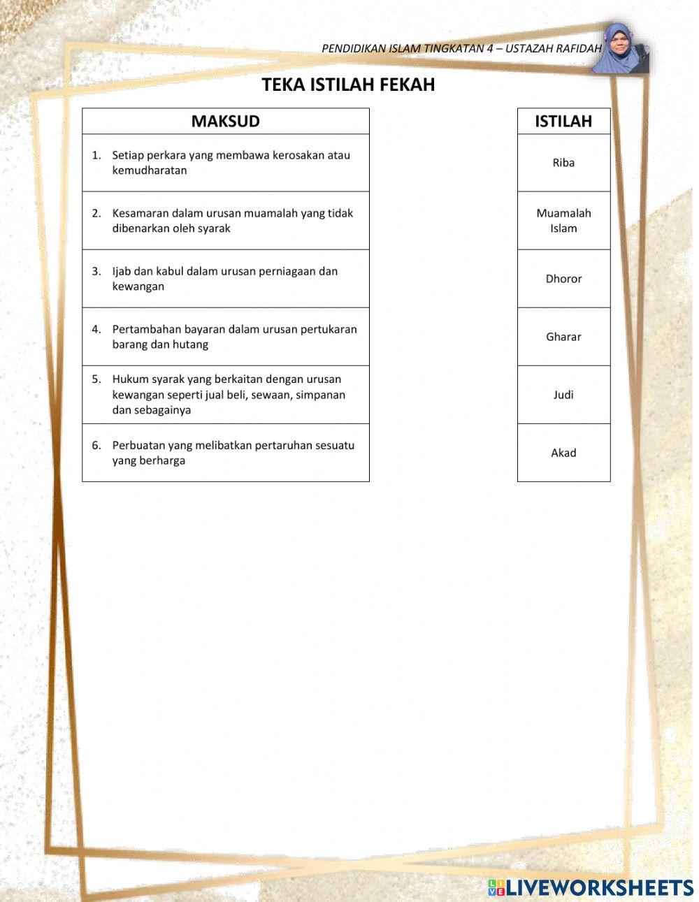 Fekah T4 - Pelajaran 16 - Muamalah Islam Unit 1 worksheet | Live Worksheets