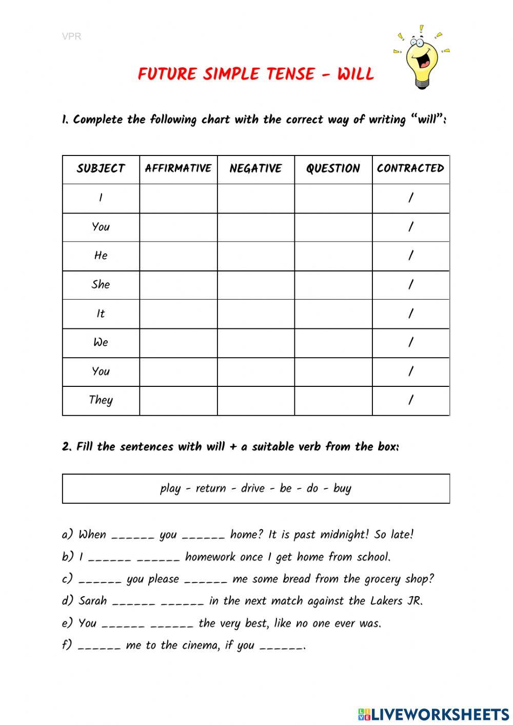 1210939 | Future Simple exercises (1 and 2) | Vanessa