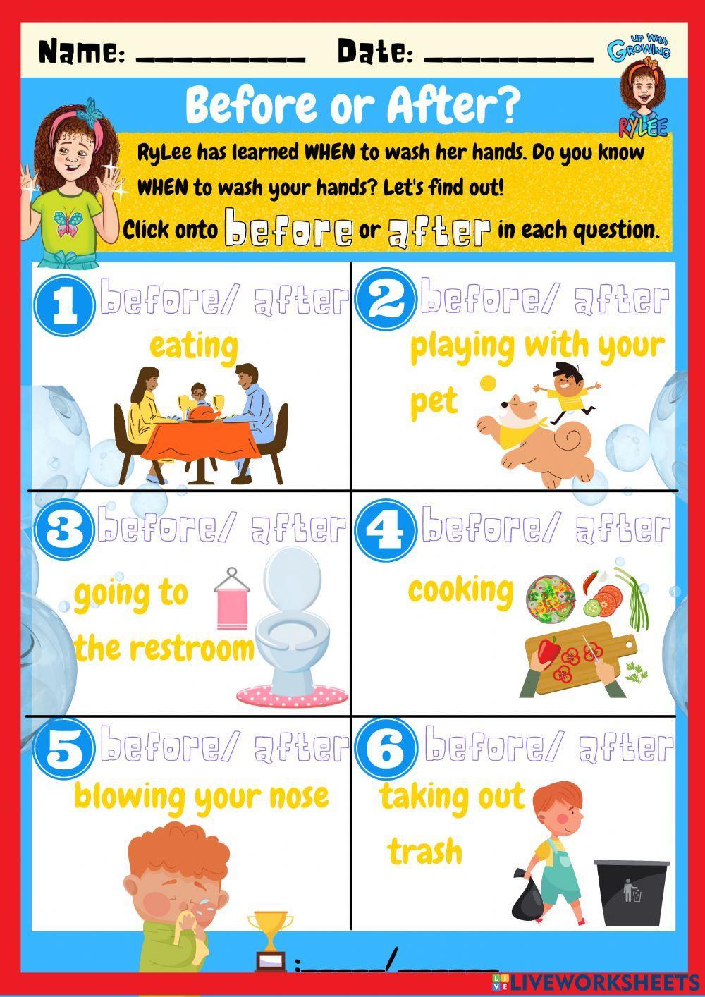 Before or after? worksheet | Live Worksheets