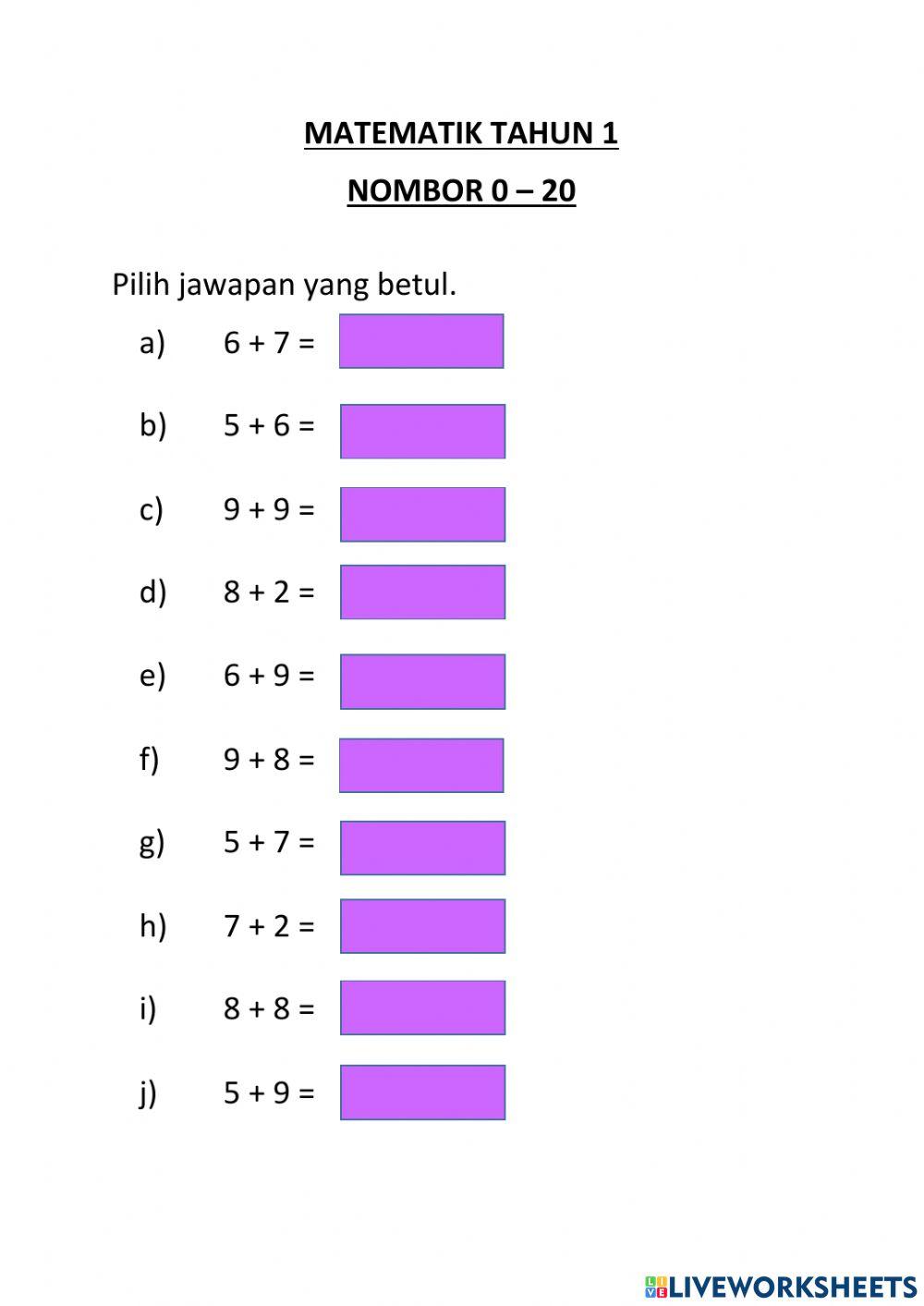 Matematik Tahun 1 free activity | Live Worksheets