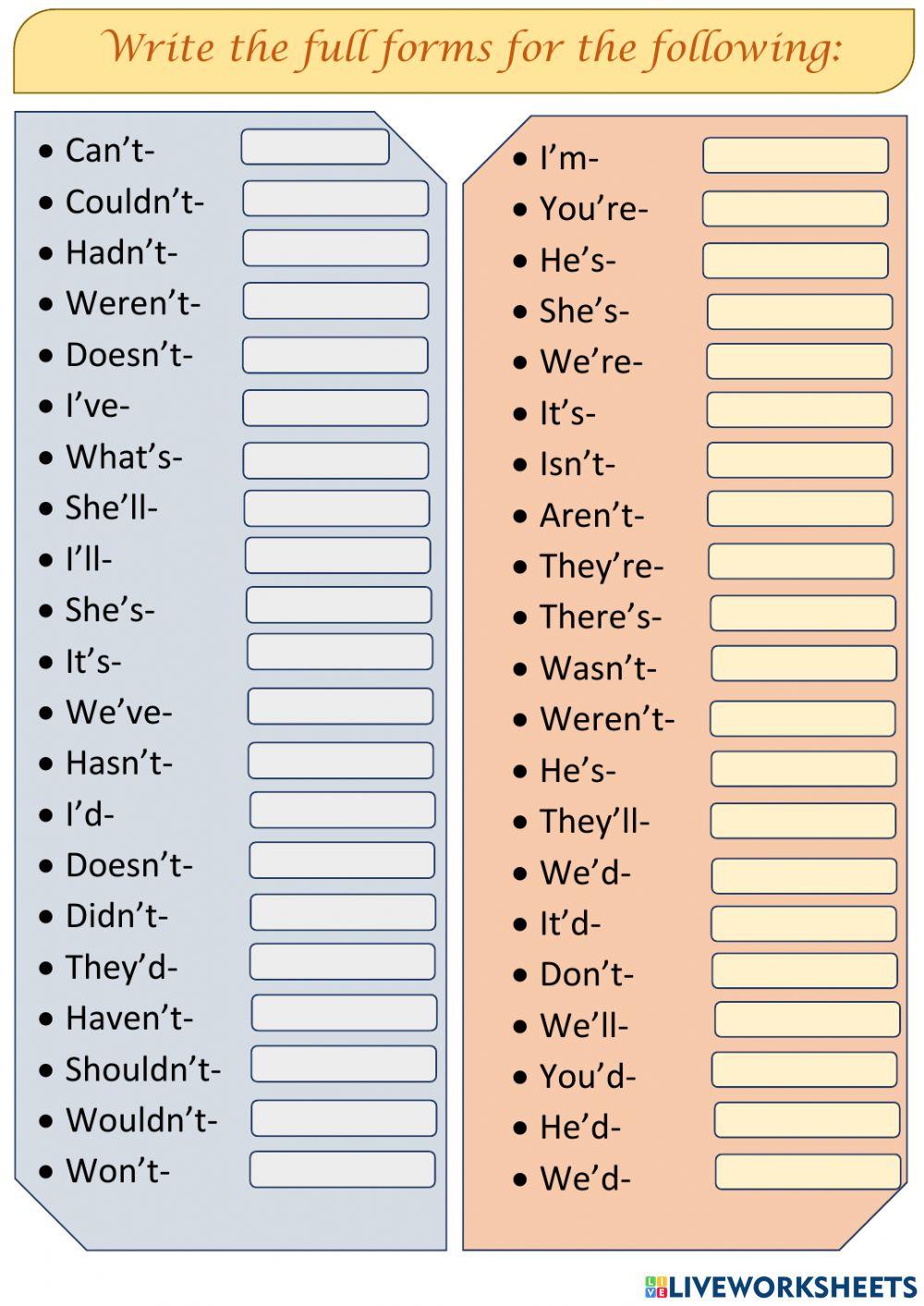 Write the full forms worksheet | Live Worksheets