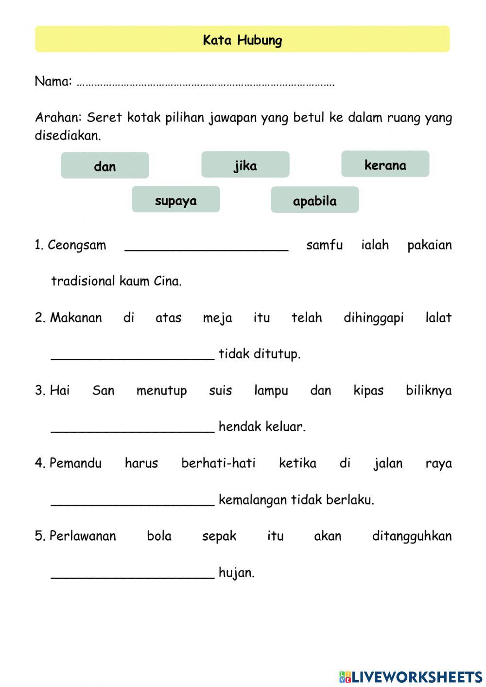 Kata Hubung Tahun 6 Latihan Latihan Kata Hubung Activ