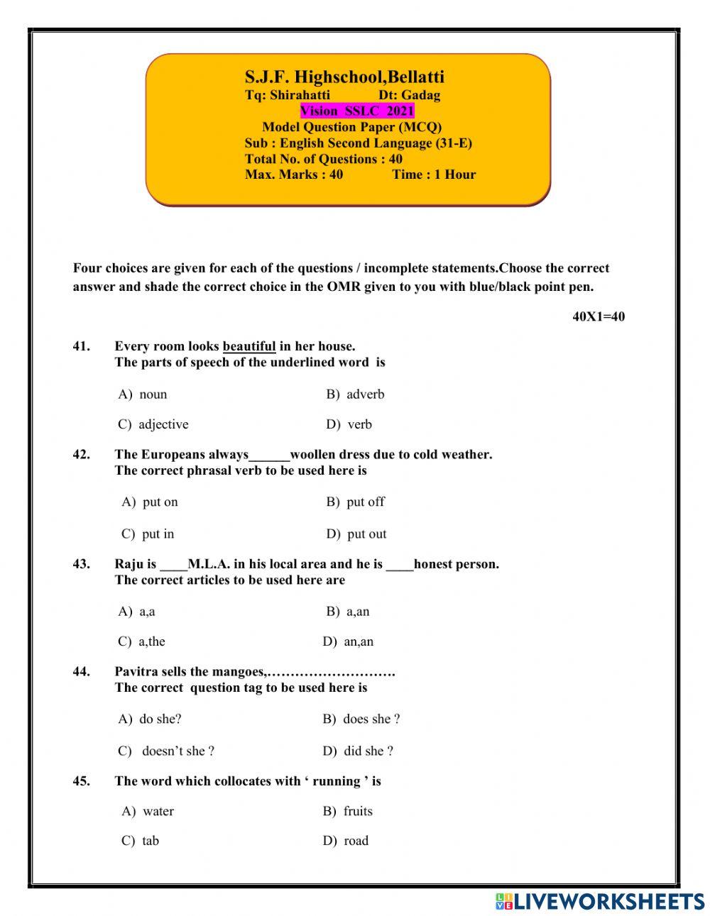 Vision SSLC 2021 interactive worksheet | Live Worksheets