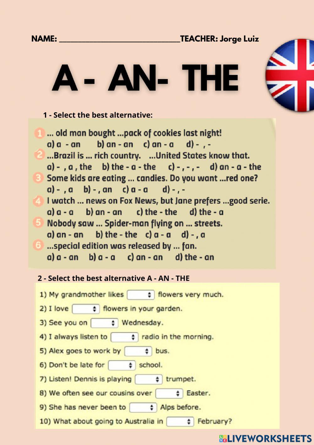 The - a - an worksheet | Live Worksheets