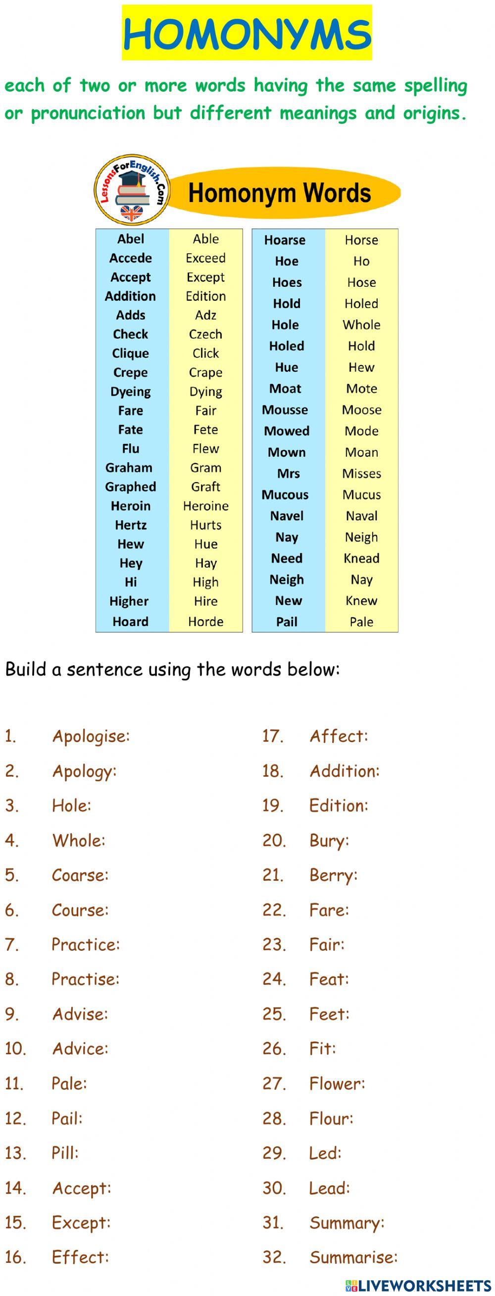 Homonyms 1141286 | zulhelmy_yahaya | Live Worksheets
