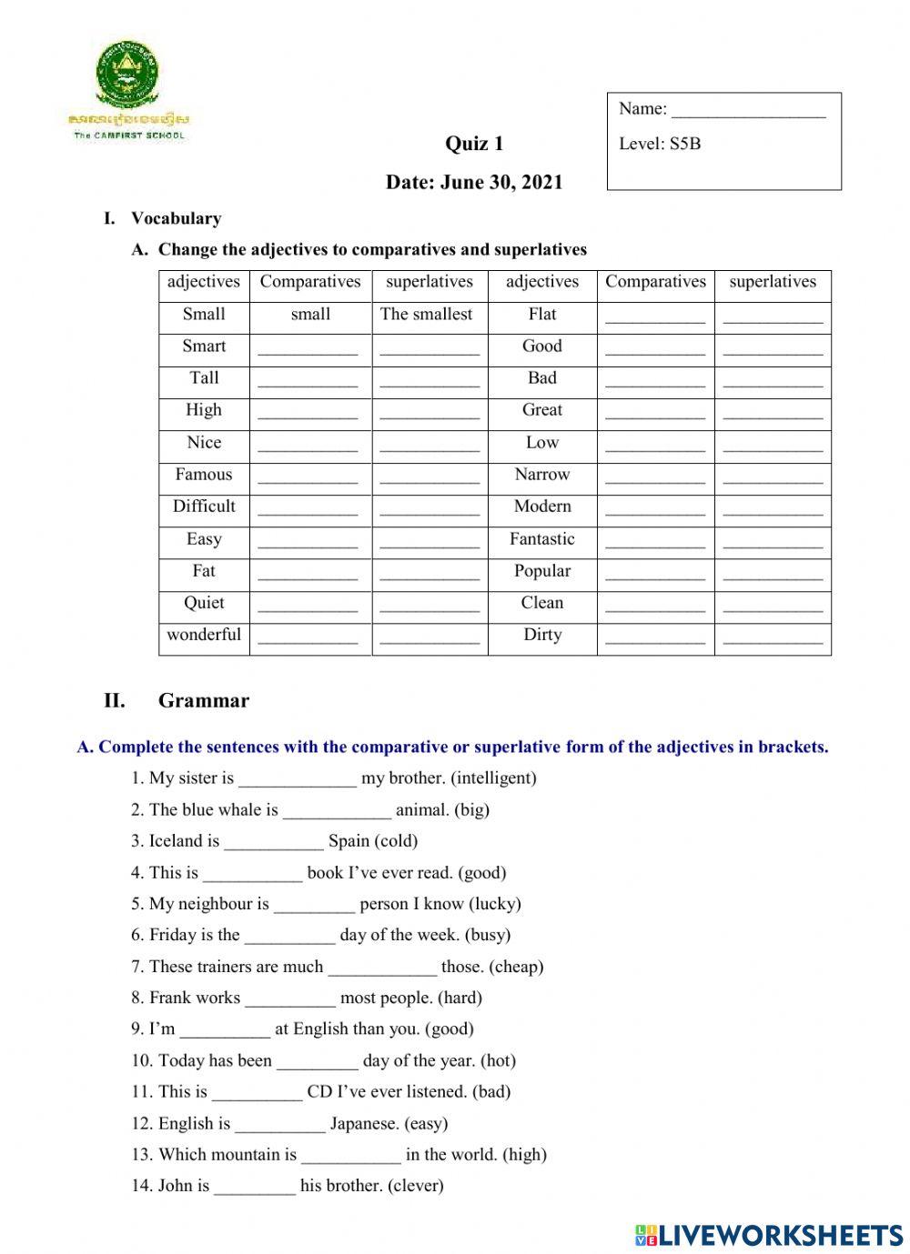 Quiz 1 online pdf exercise for Grade 5 | Live Worksheets