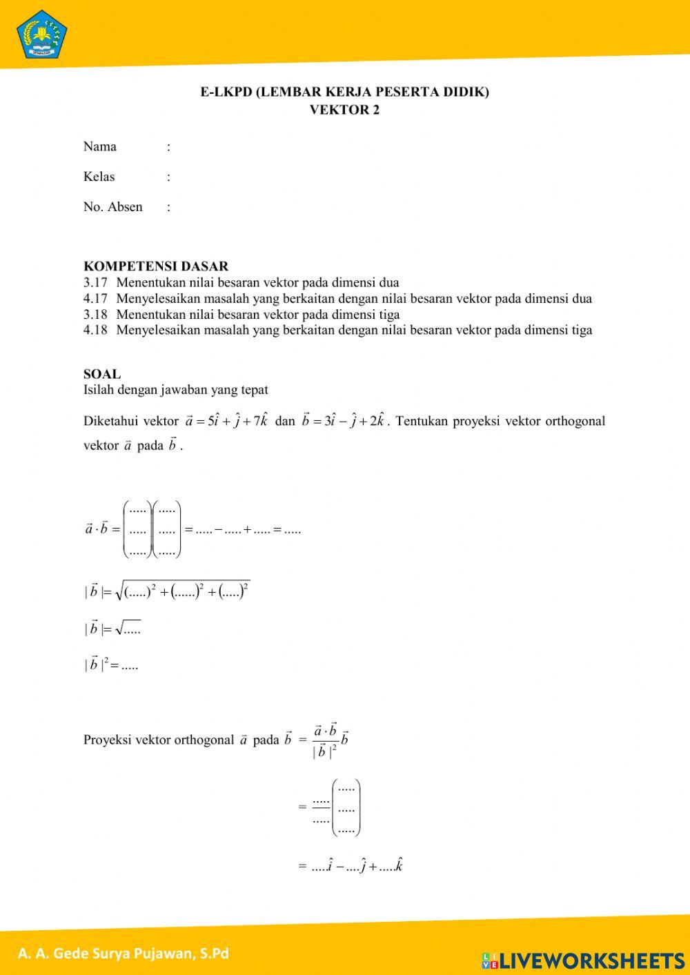 Proyeksi Vektor Orthogonal worksheet | Live Worksheets