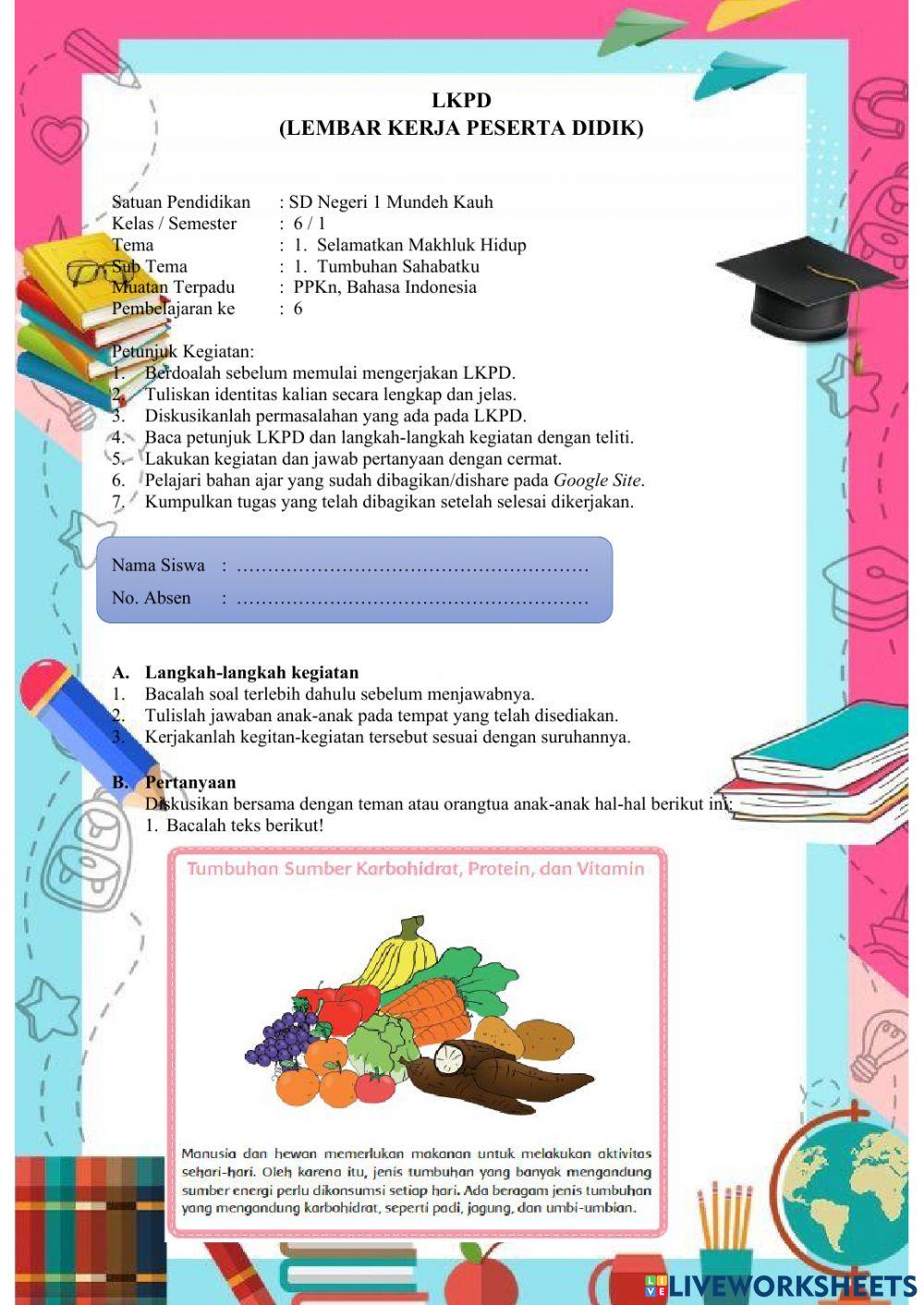 LKPD Tema 1 Subtema 1 PB 6-Kelas 6 worksheet | Live Worksheets