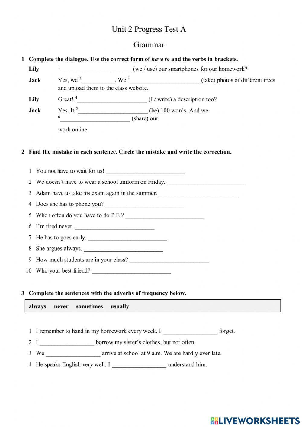 Solutions Elemantary Unit 2 Test worksheet | Live Worksheets