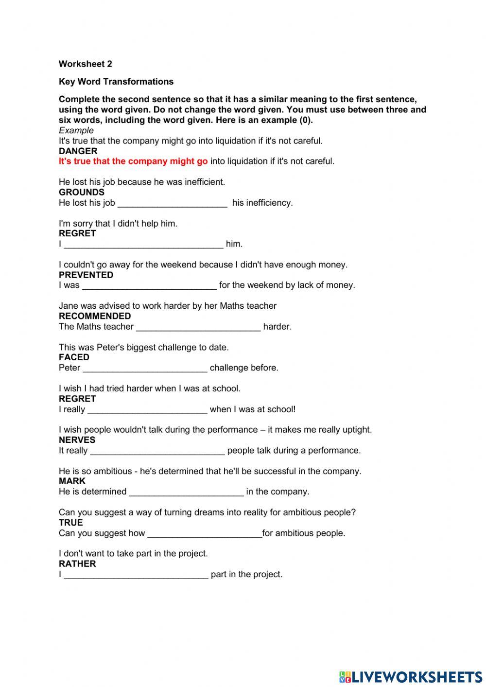 Key Word Transf… | Free Interactive Worksheets | 1212616