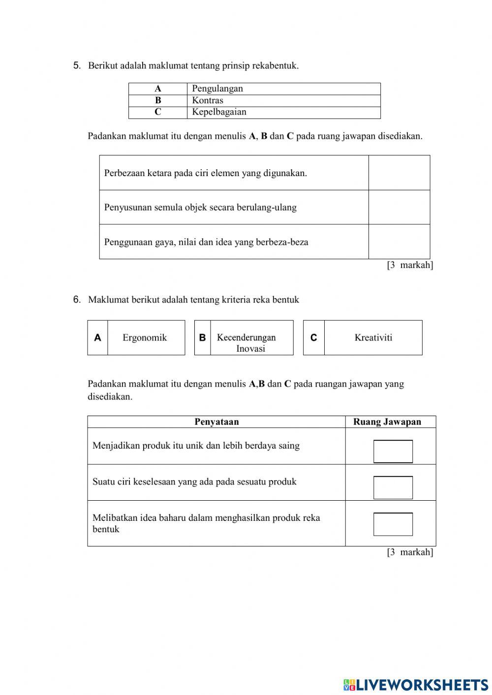 PEPERIKSAAN PERTENGAHAN TAHUN 2021 TING 1 (RBT BAHAGIAN B) worksheet ...