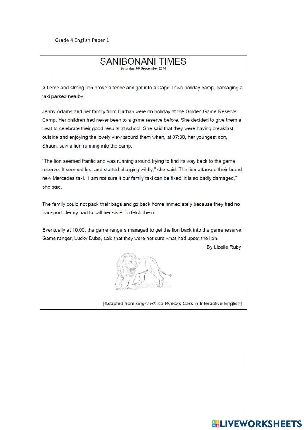 Grade 4 English Grammer exam part 1 worksheet | Live Worksheets