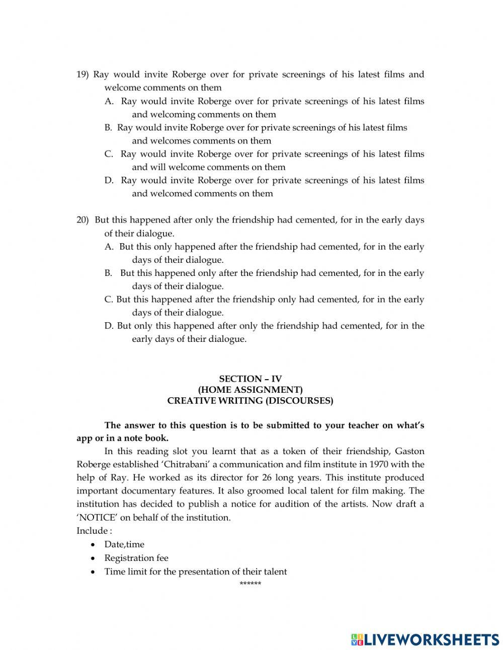 X class Live Worksheet Unit IV - 8 worksheet | Live Worksheets