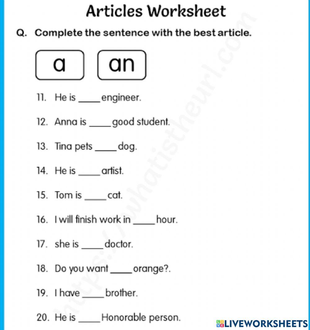 Articles online exercise for 4 | Live Worksheets