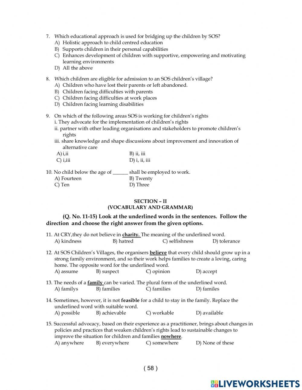 Class VIII unit II reading C grammar worksheet | Live Worksheets