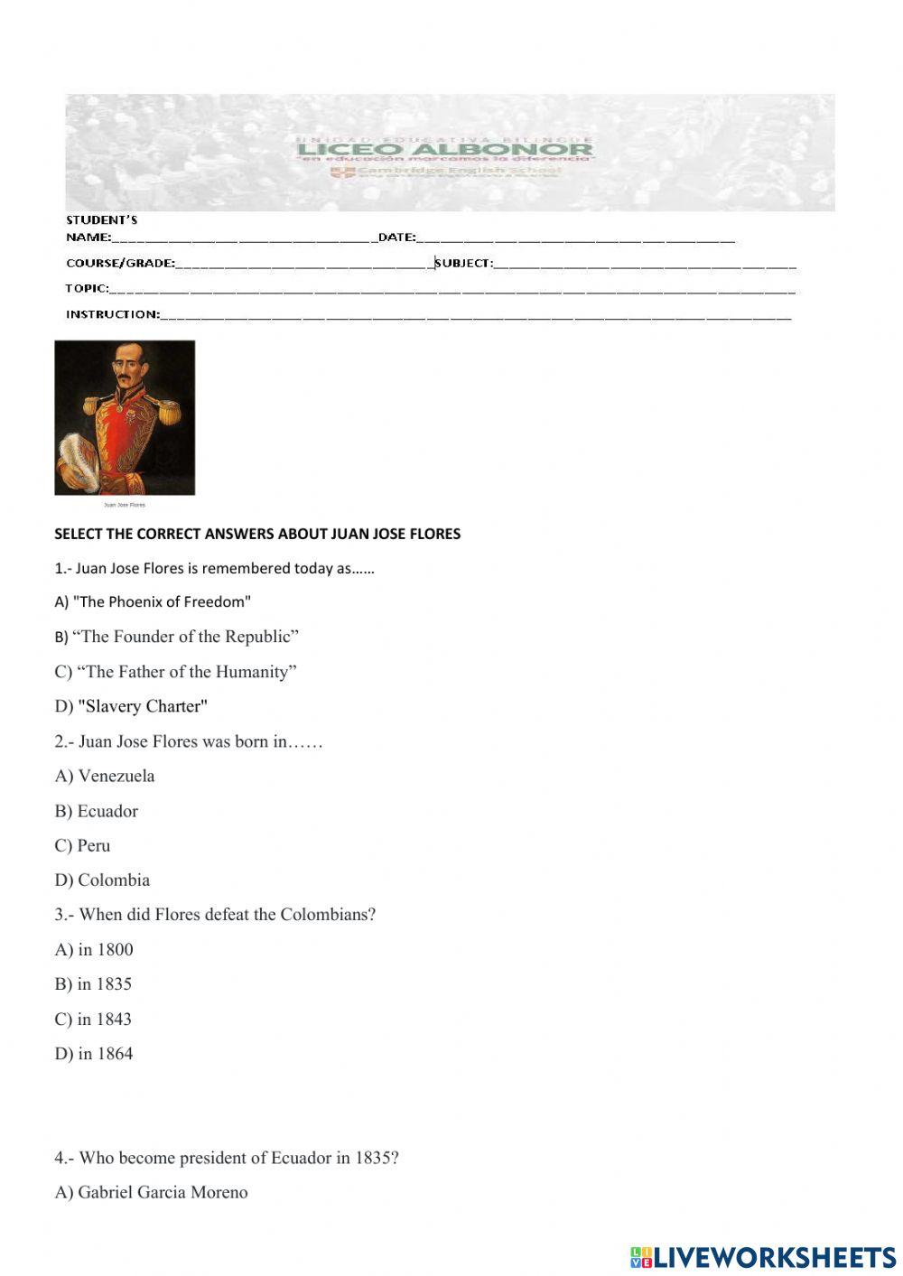 Juan Jose Flores interactive worksheet | Live Worksheets