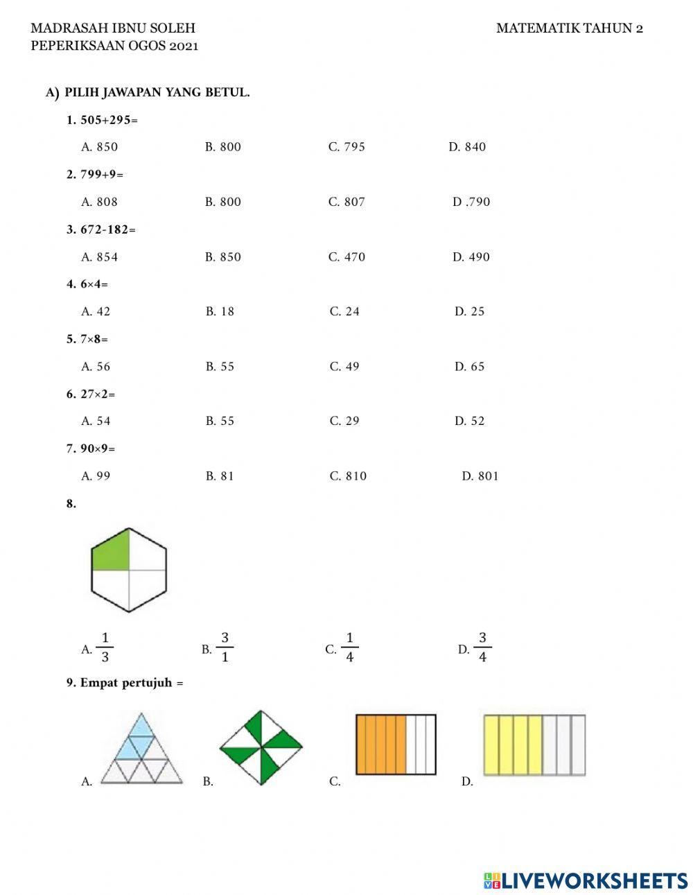 Matematik tahun 2 free exercise | Live Worksheets