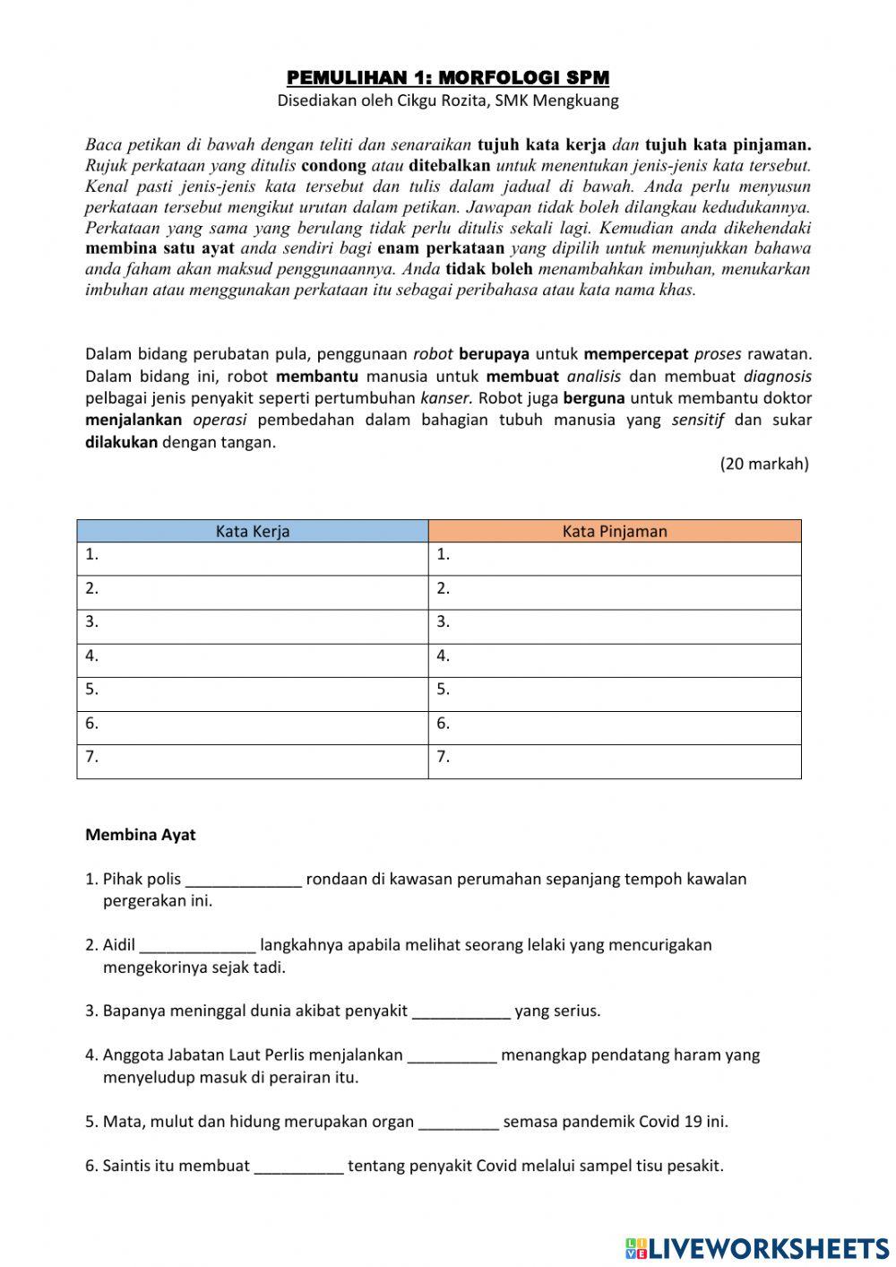 Morfologi SPM interactive worksheet | Live Worksheets