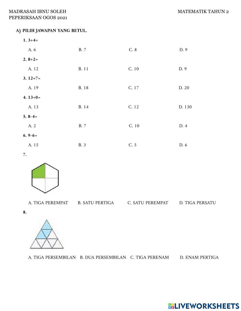 Matematik tahun 1 online exercise for 1 | Live Worksheets