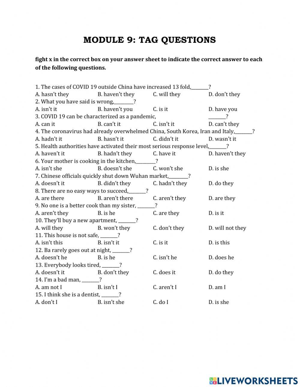 MODULE 9: TAG QUESTIONS online exercise for | Live Worksheets